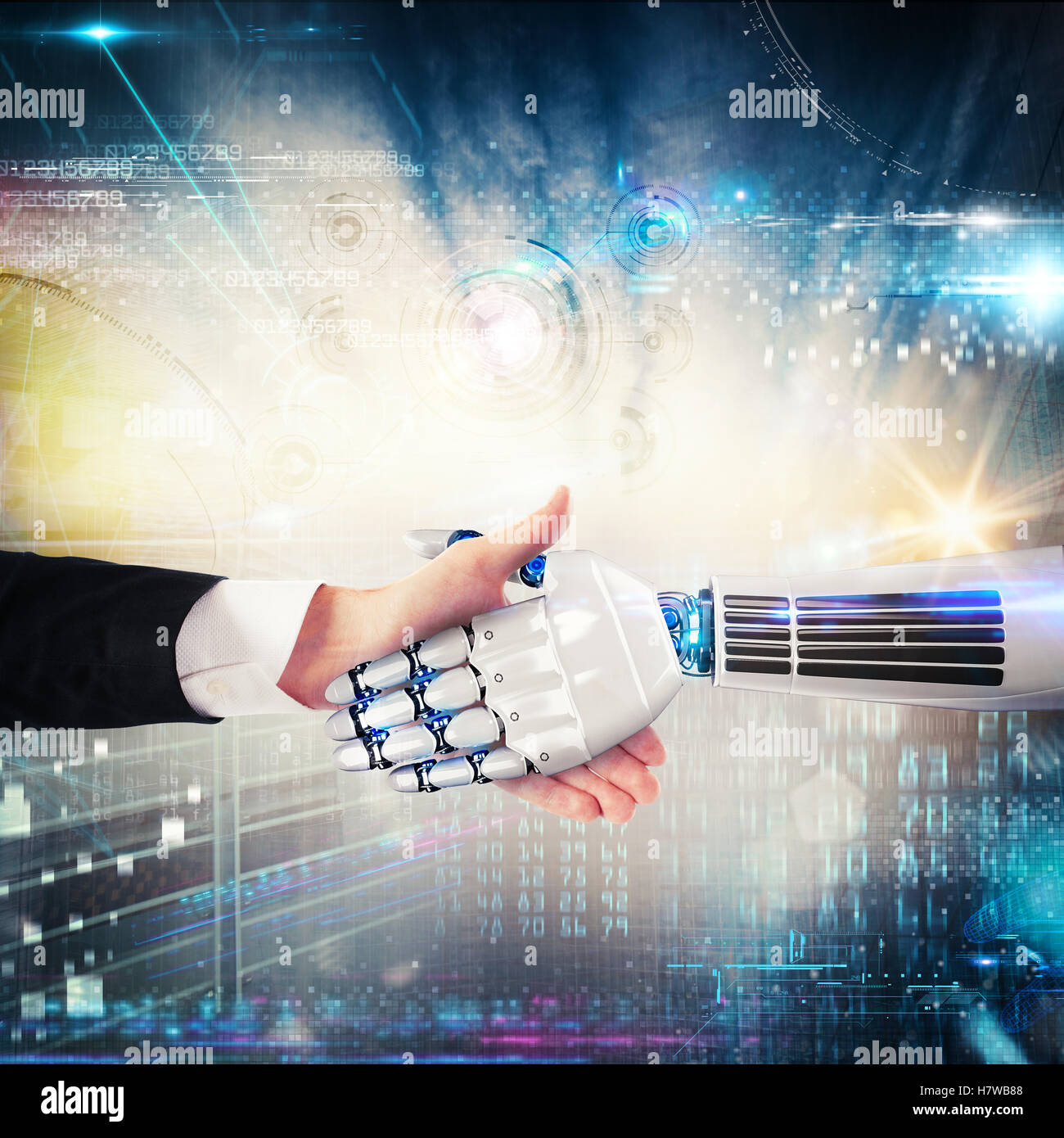 Handshake between human and robot. 3D Rendering Stock Photo - Alamy