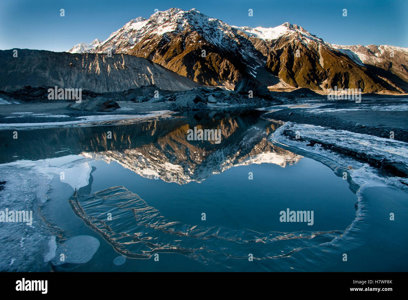 Reflection of Mount Wakefield in frozen Mueller Lake, Mount Cook ...