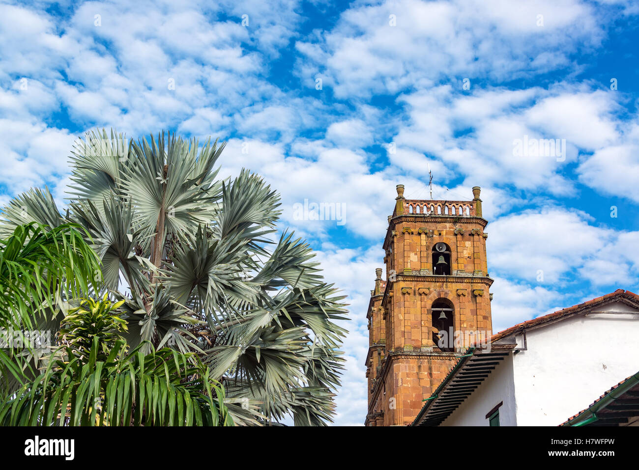 View looking up at the cathedral in Barichara, Colombia with an ...