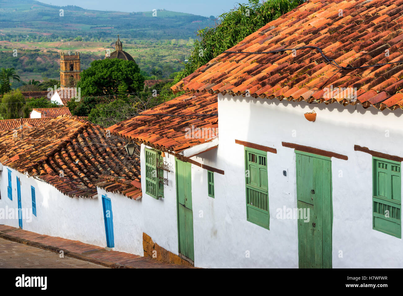 Colonial architecture in Barichara, Colombia with the cathedral in the ...