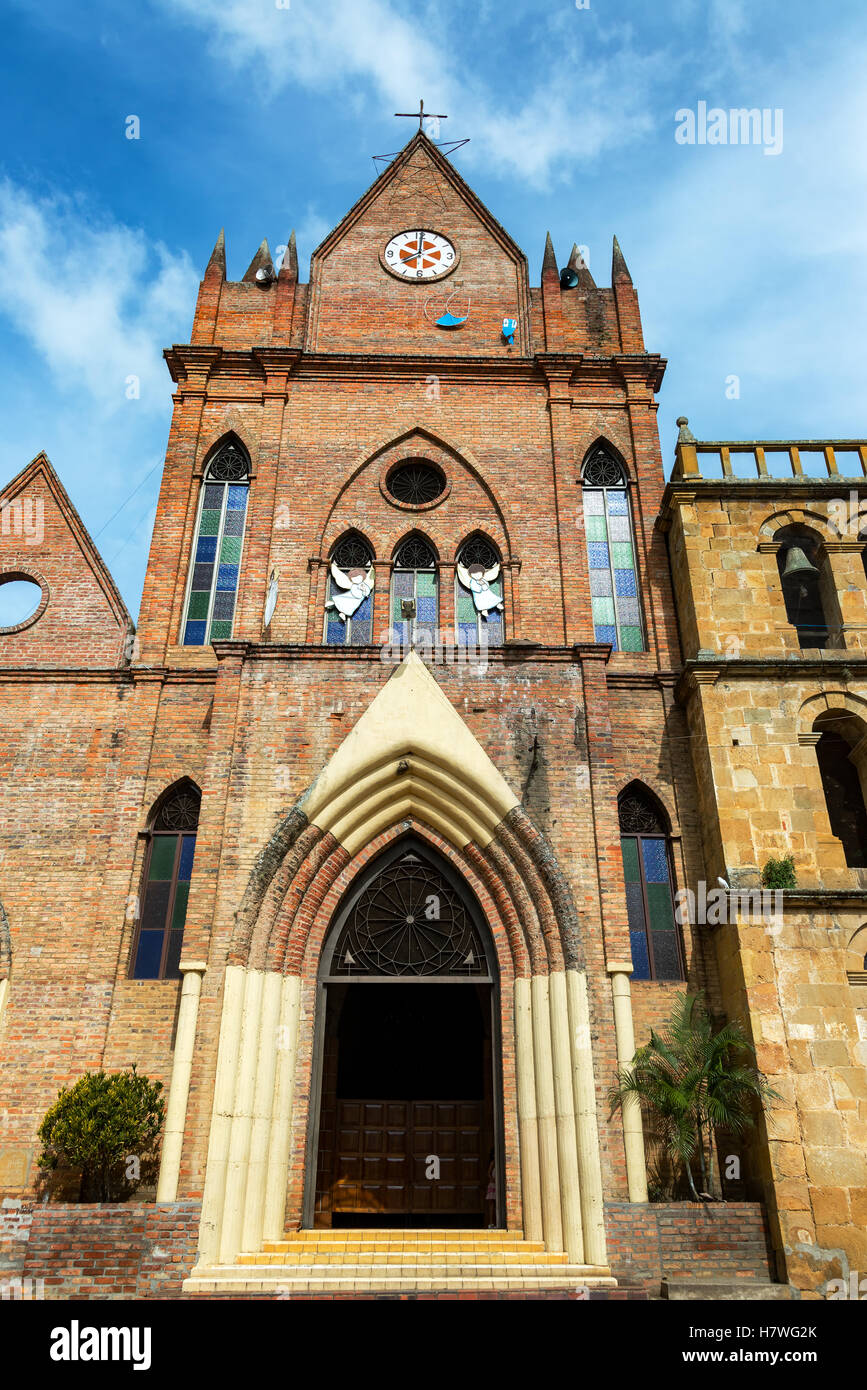 Brick church in the small town of Valle de San Jose in Santander ...