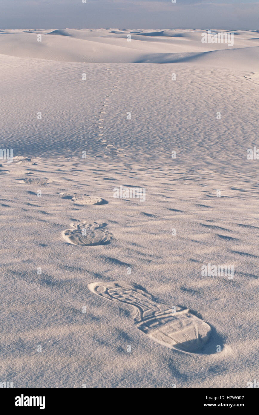 Sand dunes of fine gypsum particles textured by wind and hiker's ...