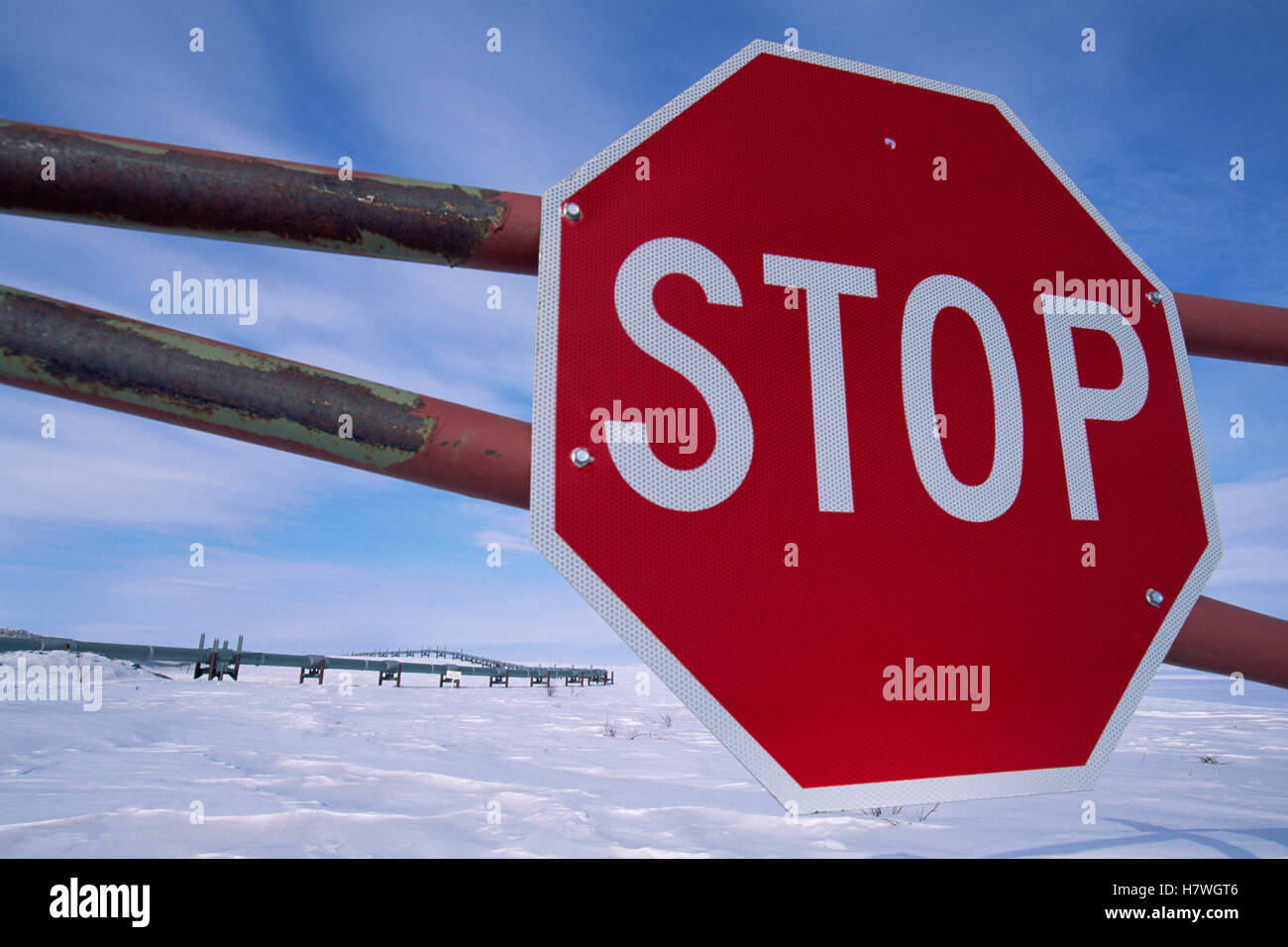 Stop sign on dirt road leading to Alyeska oil pipeline, North Slope ...