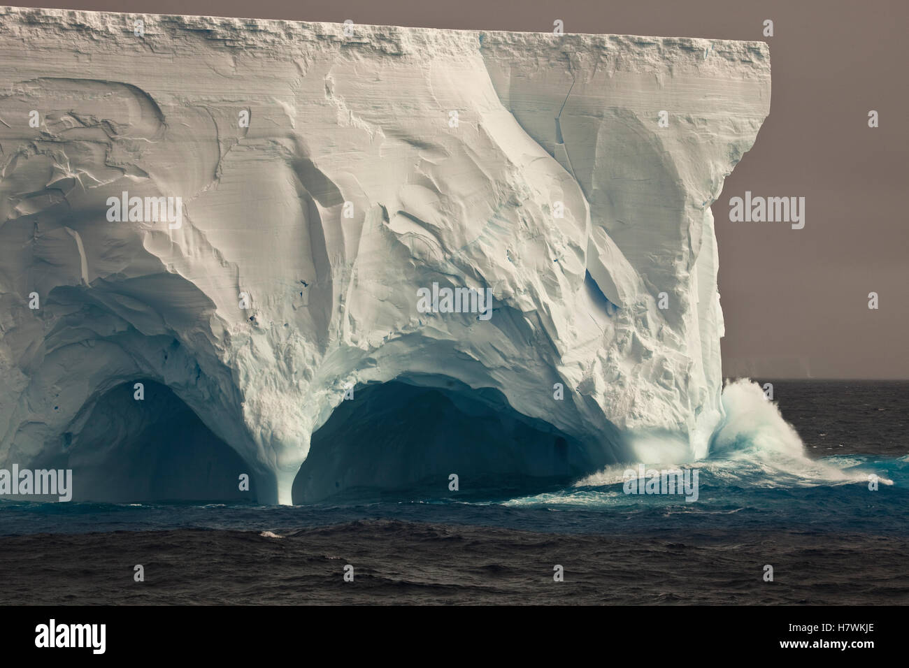 Wave crashing into eroded tunnel of tabular iceberg, Antarctica Stock ...