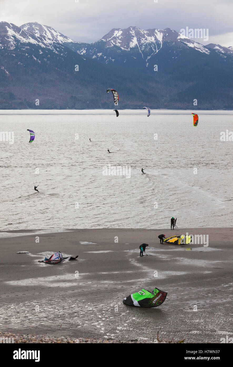 Wind surfers in Turnagain Arm south of Anchorage. Spring. Southcentral ...
