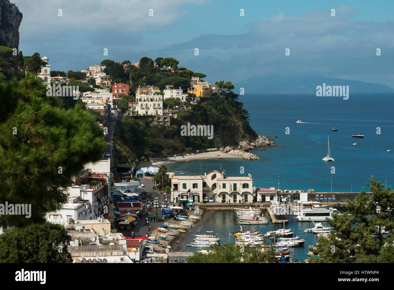 View of colourful buildings built on the cliffs and on the waterfront ...