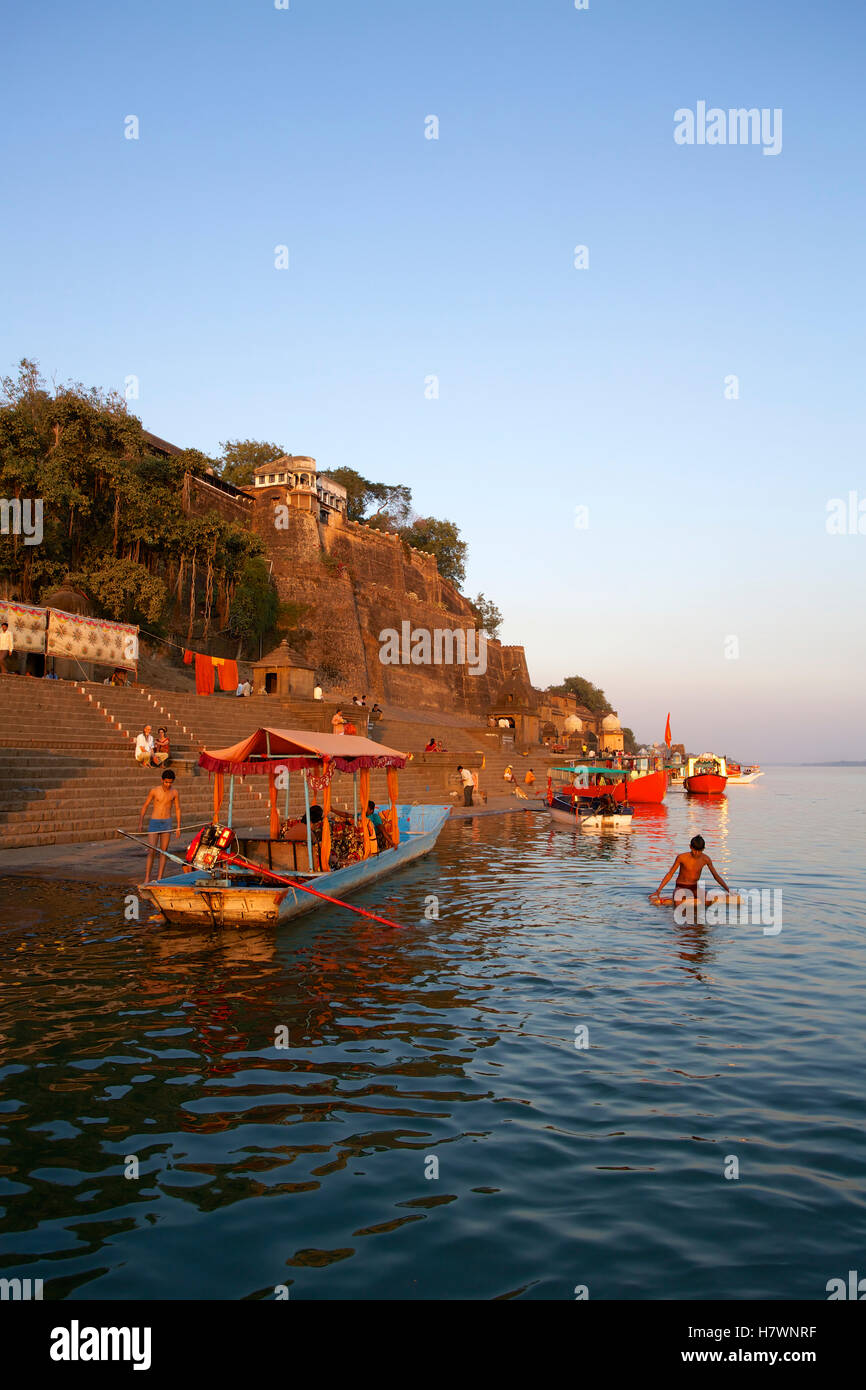 Namada river view with ancient fort, Hindu temples, bathing ghats and ...