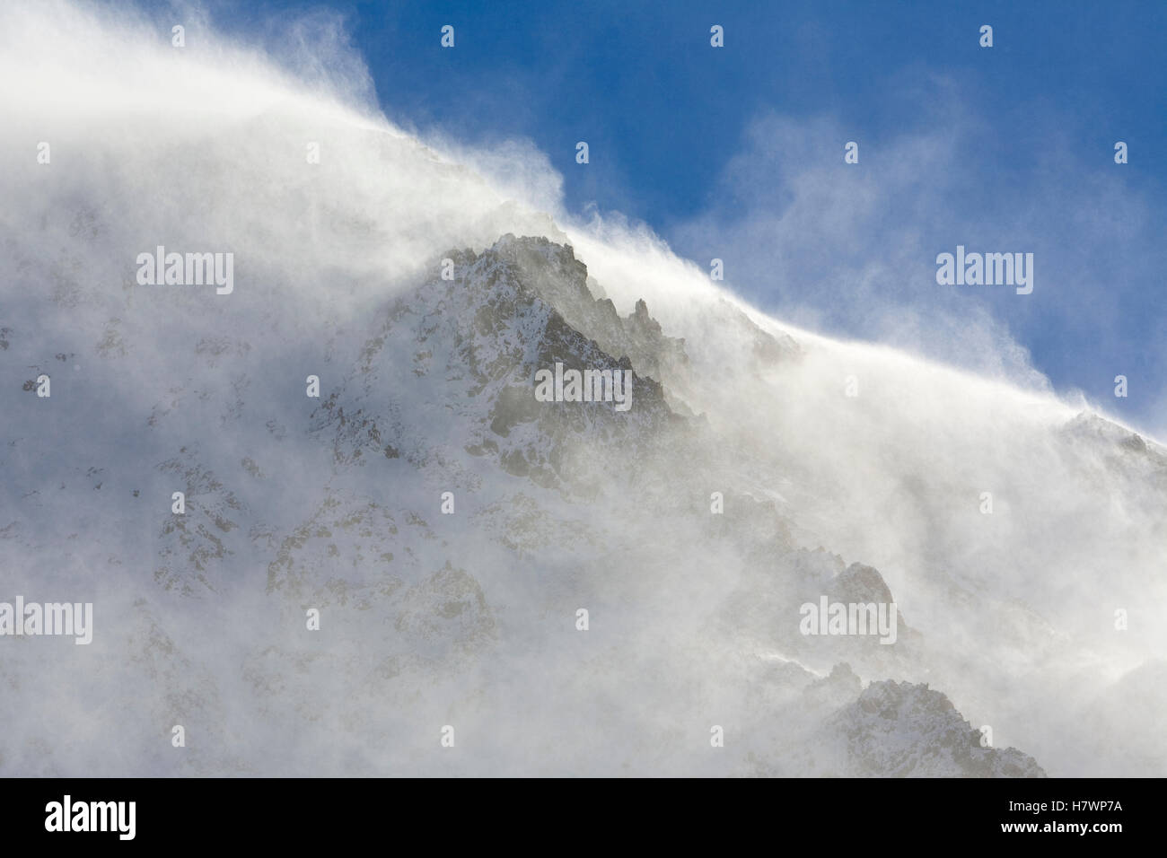 Strong wind blowing fresh snow off mountain ridge, Inyo National Forest ...