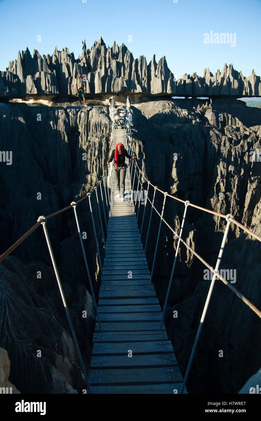 Tourist crossing a suspension bridge, Bemaraha National Park, western ...
