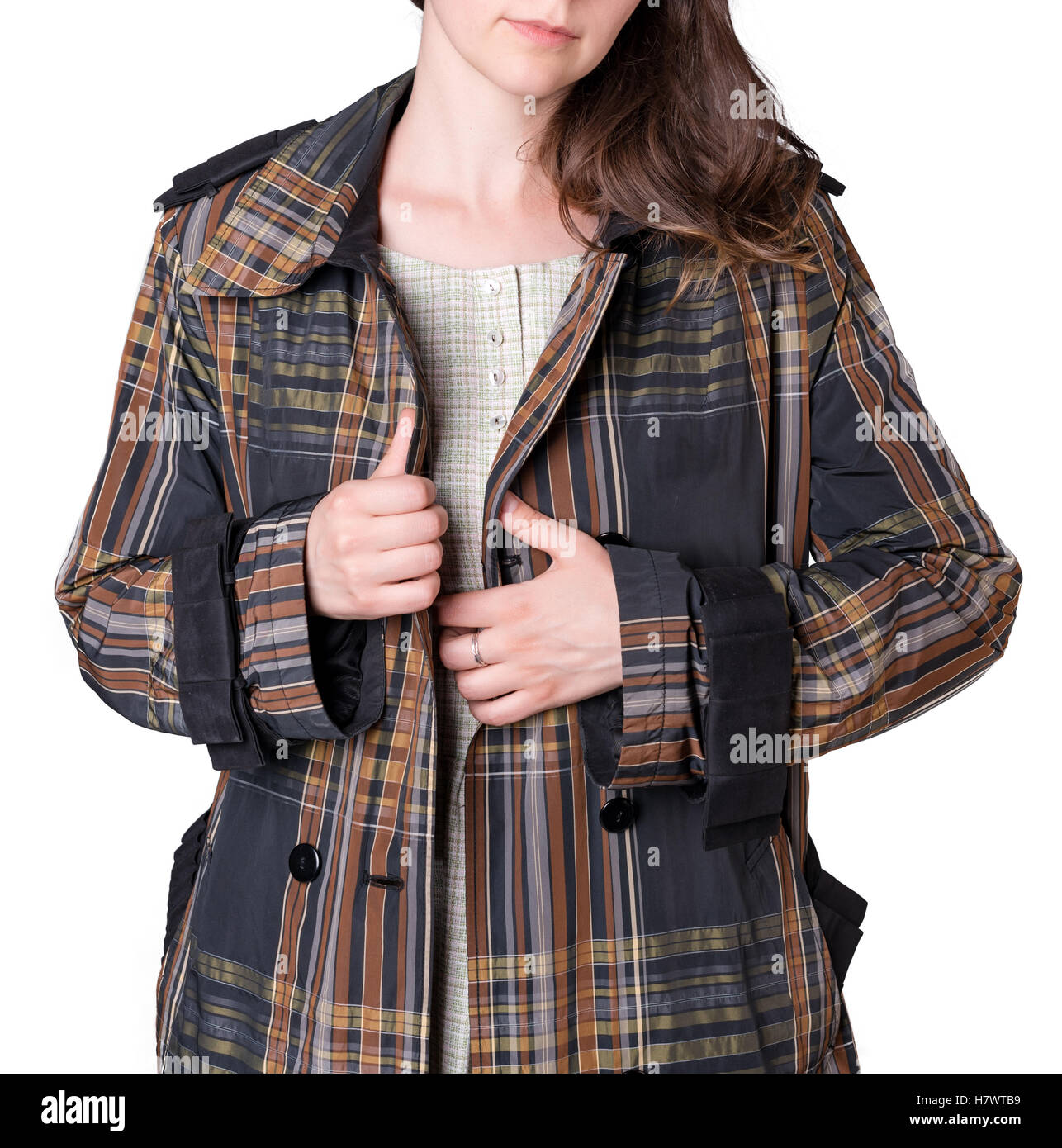 Young woman wearing a checkered coat. No face, clothing catalog Stock ...