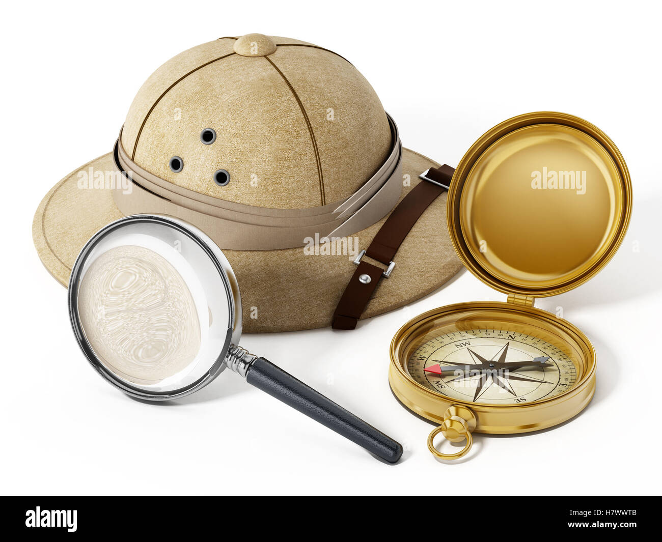 Explorer hat, magnifying glass and vintage compass isolated on white ...