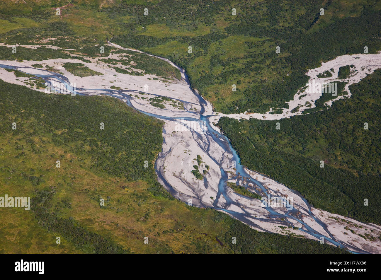 Braided river showing floodplain, channel bars and channels, Katmai ...