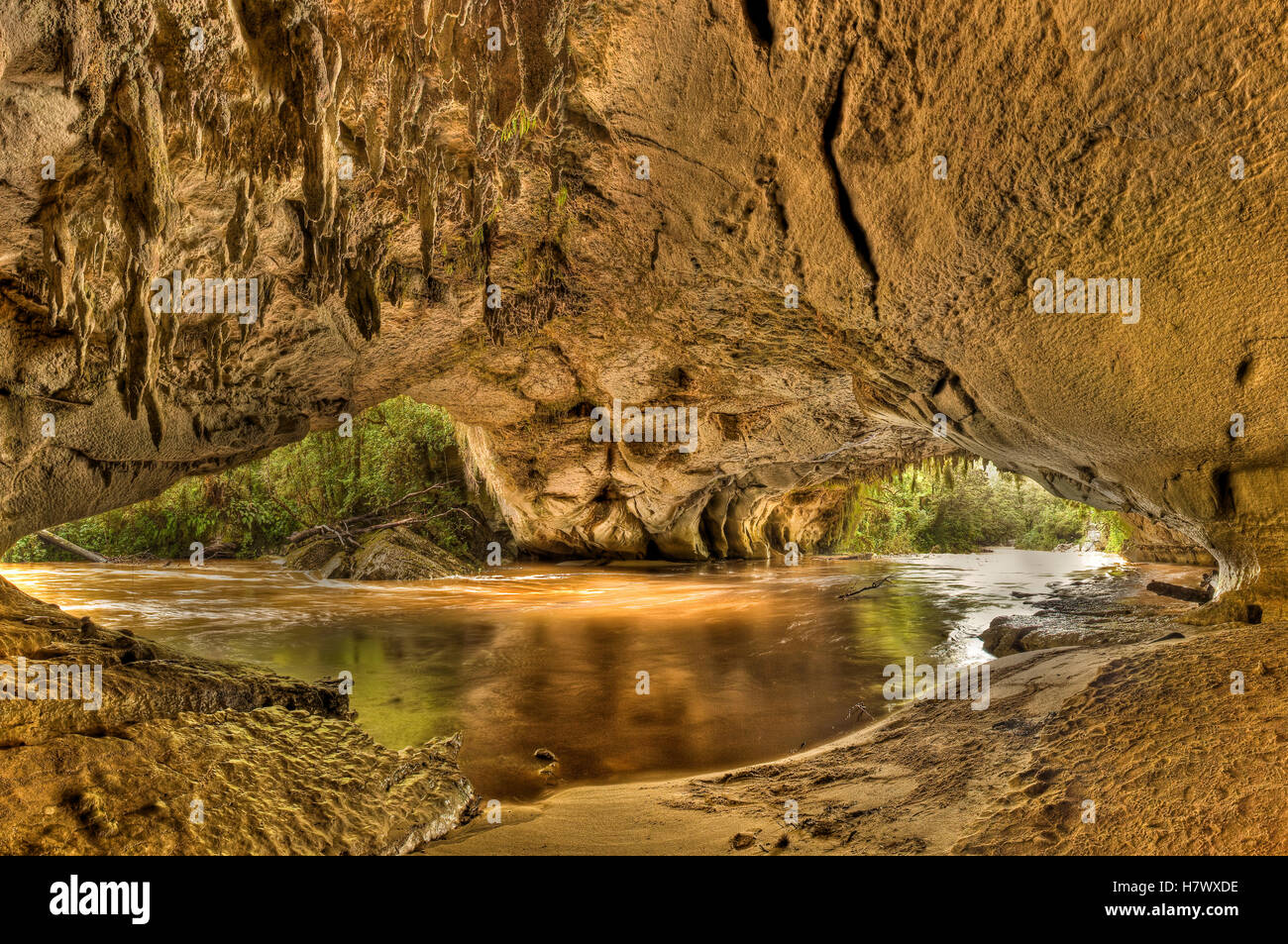 Moria Gate Arch with limestone stalagtites on roof, swollen Oparara ...