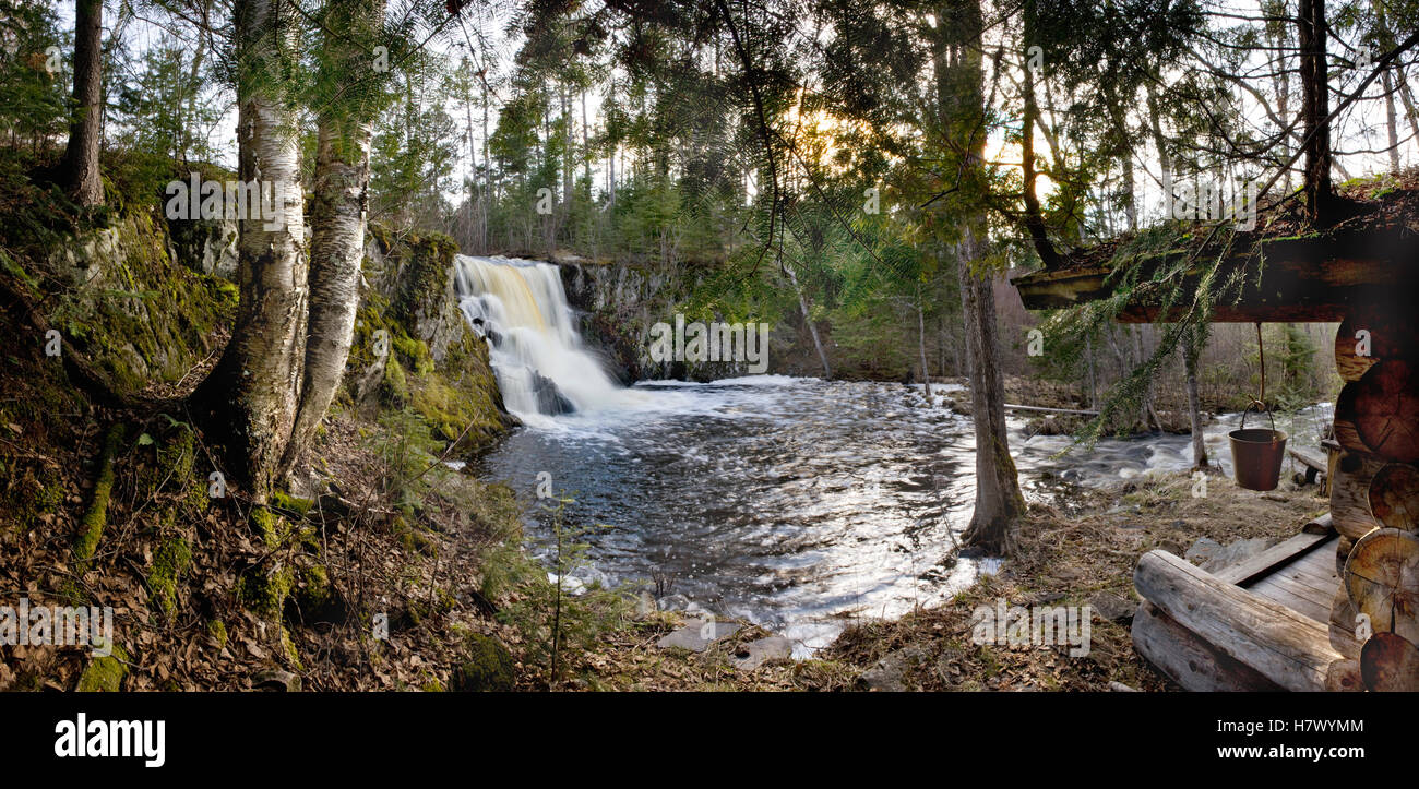 Waterfall and cabin, Northwoods, Superior National Forest, Minnesota ...