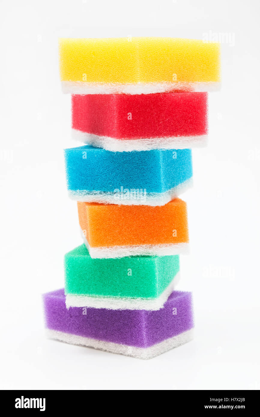 colorful sponges for washing dishes on white background Stock Photo - Alamy