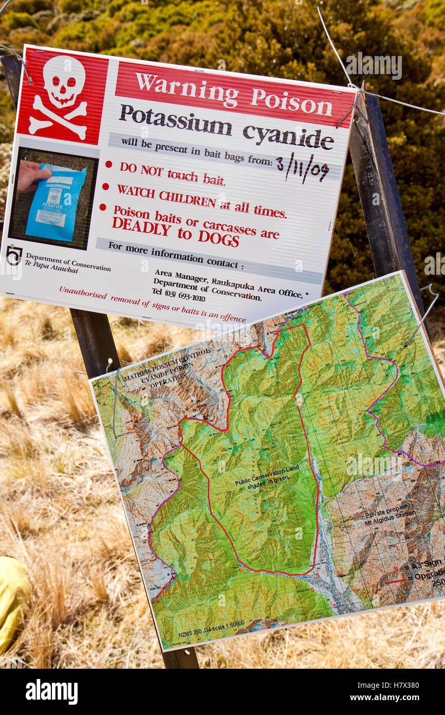 Cyanide poison warning sign, a type of pest control, Mathias River ...