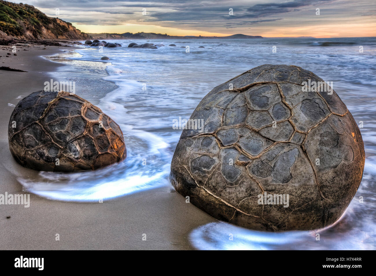 Moeraki boulders at dawn, an example of septarian concretions, Moeraki ...