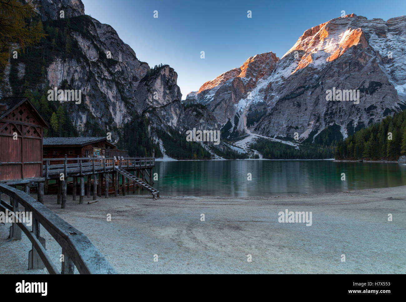 Daybreak at Lake Prags, South Tyrol Stock Photo - Alamy