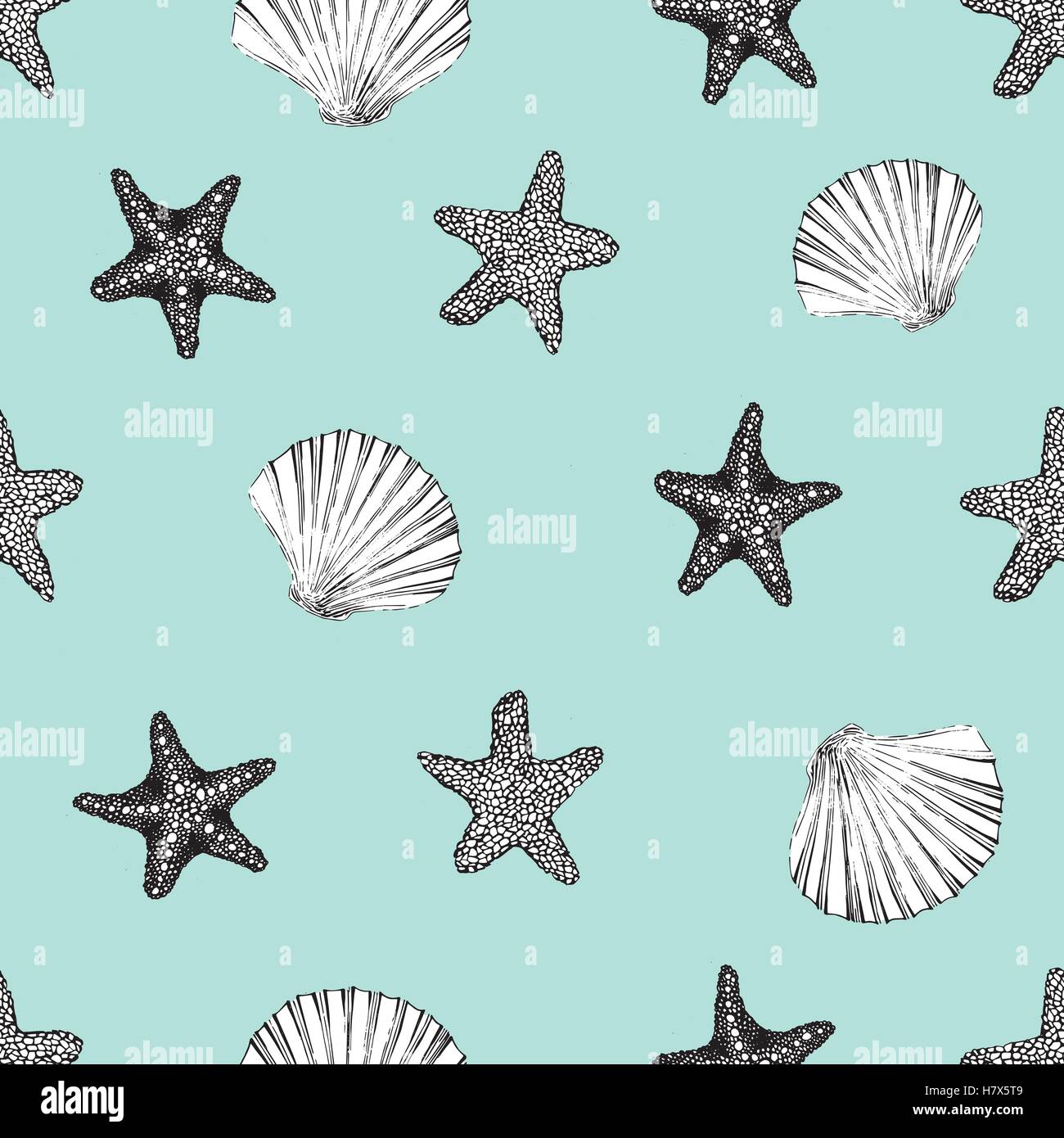 Marine seamless background from hand drawn sea shells and stars Stock ...