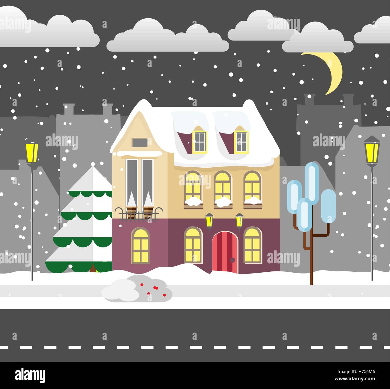 Flat style winter house. Cottage. Vector illustration. Snowfall ...