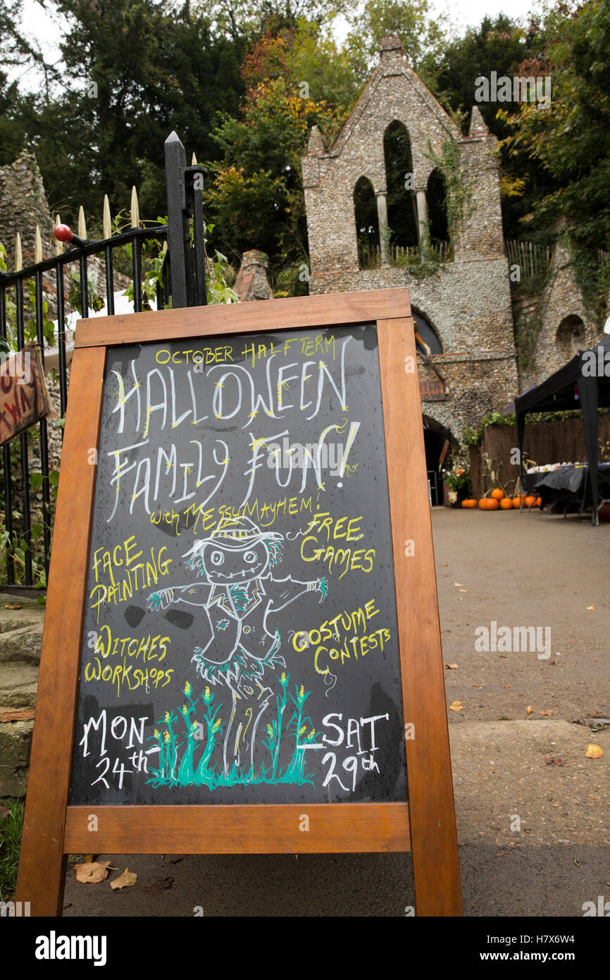 UK, England, Buckinghamshire, West Wycombe, Hell Fire Caves, Halloween events, blackboard sign ...