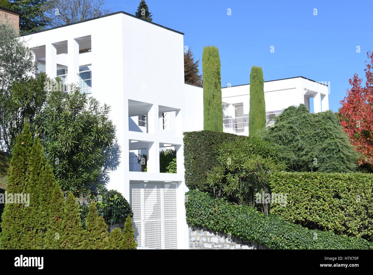 White modern house with garden Stock Photo - Alamy