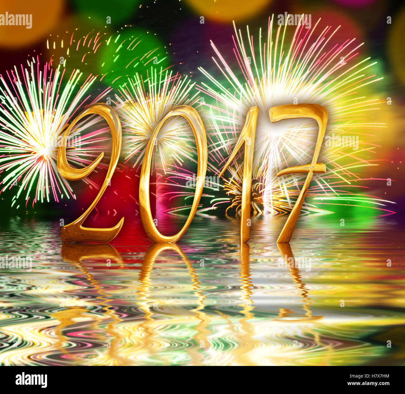 2017 golden numbers, fireworks background Stock Photo - Alamy