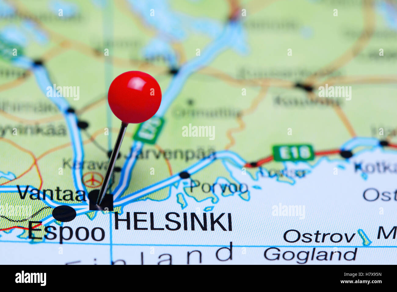 Helsinki pinned on a map of Finland Stock Photo - Alamy