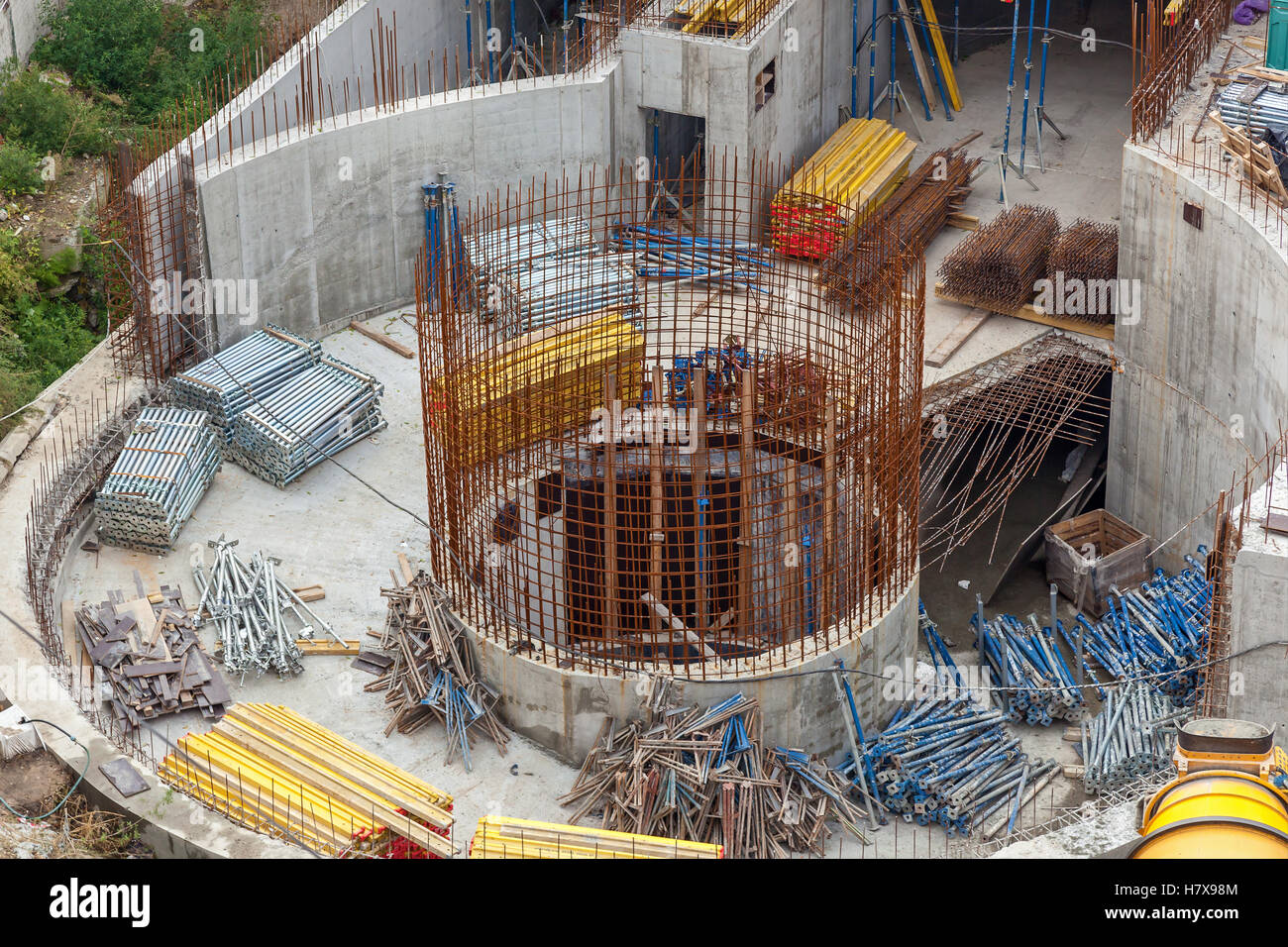Reinforcement cage. Round reinforcement iron cage in the middle of the ...