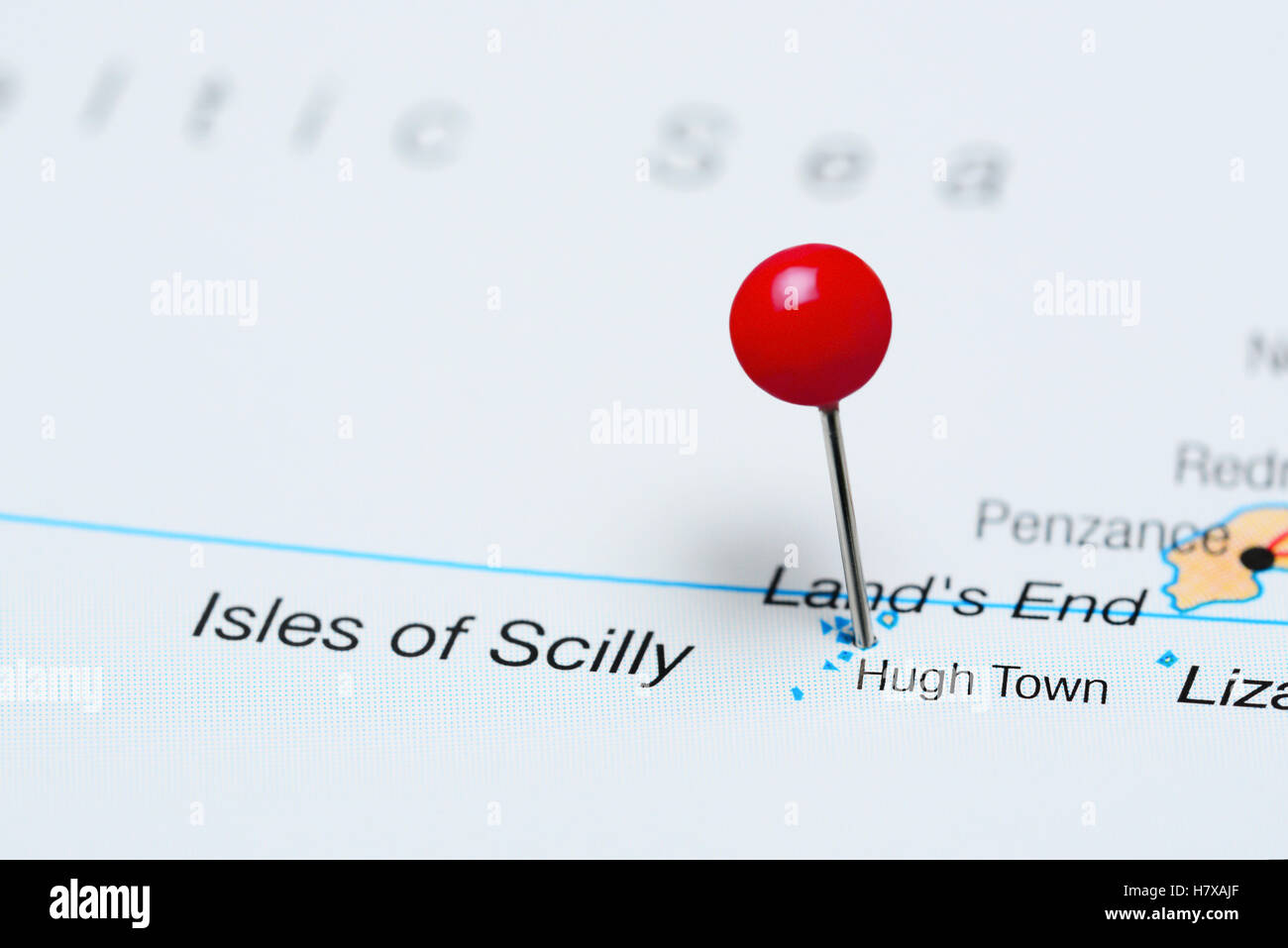 Hugh Town pinned on a map of UK Stock Photo - Alamy