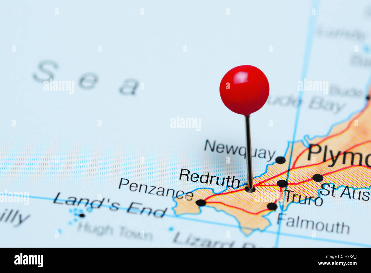 Redruth pinned on a map of UK Stock Photo - Alamy