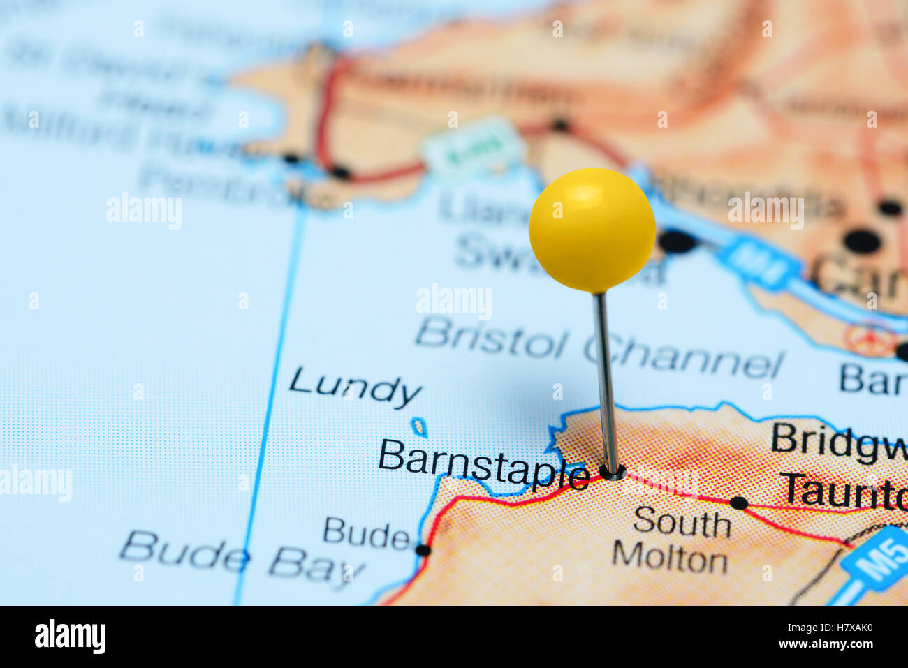 Barnstaple pinned on a map of UK Stock Photo - Alamy