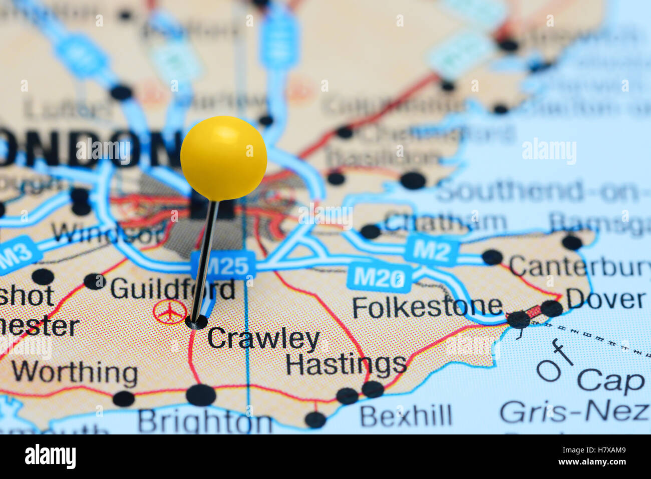Crawley pinned on a map of UK Stock Photo - Alamy