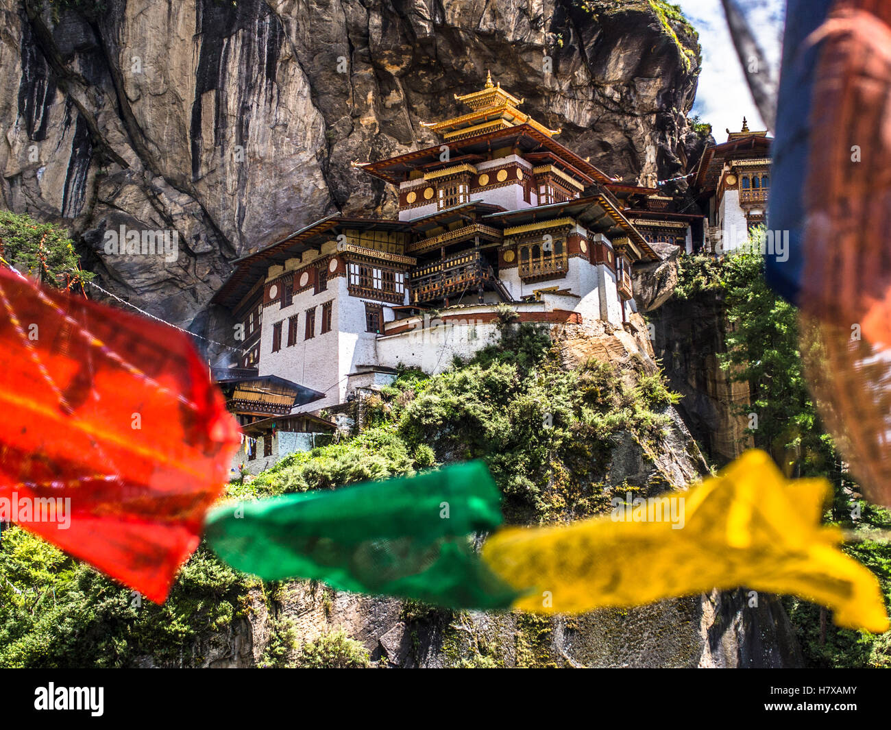 Taktshang Goemba. Tigers nest monastery. view with prayer flags Bhutan ...