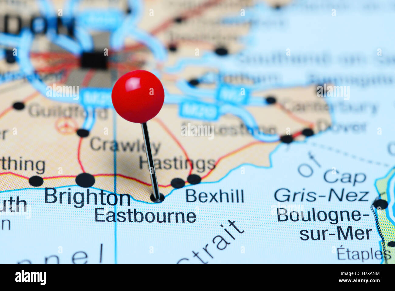 Eastbourne pinned on a map of UK Stock Photo - Alamy