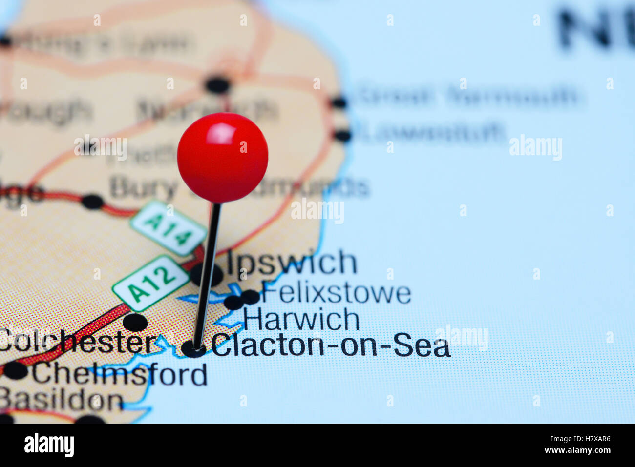 Clacton-on-Sea pinned on a map of UK Stock Photo - Alamy
