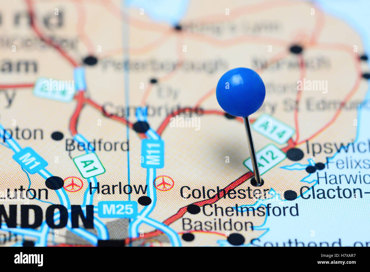 Colchester pinned on a map of UK Stock Photo - Alamy
