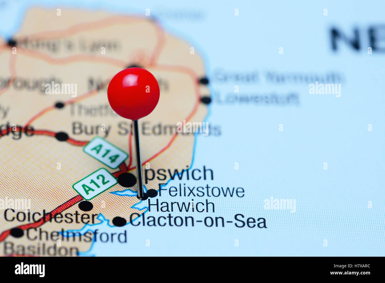 Harwich pinned on a map of UK Stock Photo - Alamy