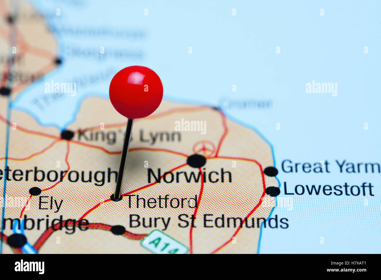 Thetford pinned on a map of UK Stock Photo - Alamy