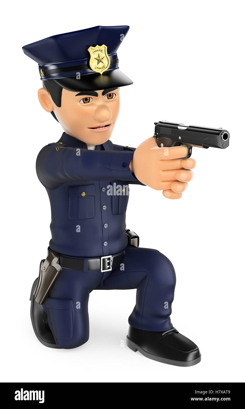 3d security forces people illustration. Policeman aiming a gun knees ...