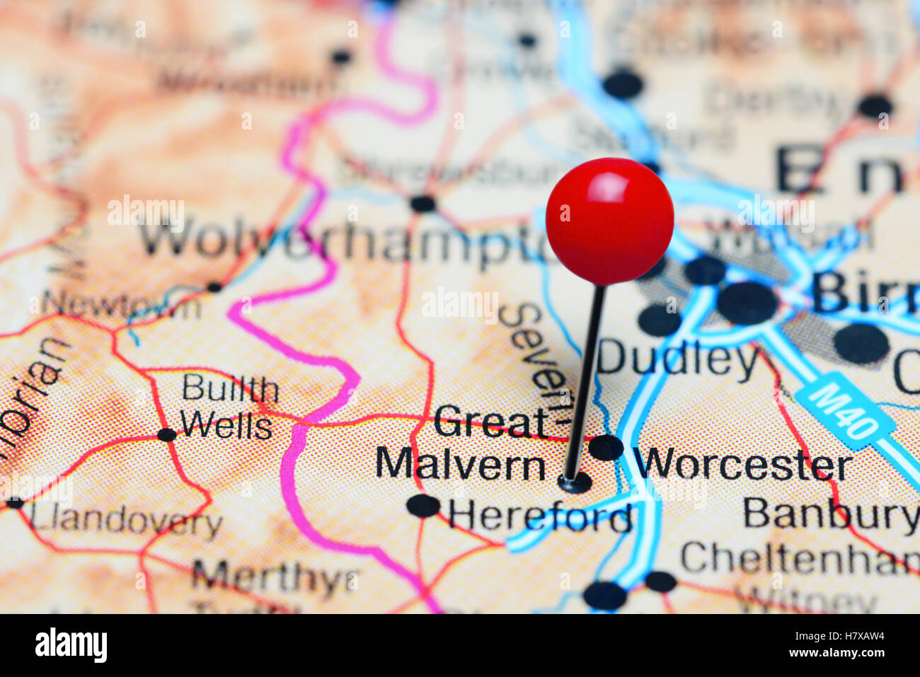 Malvern pinned on a map of UK Stock Photo - Alamy