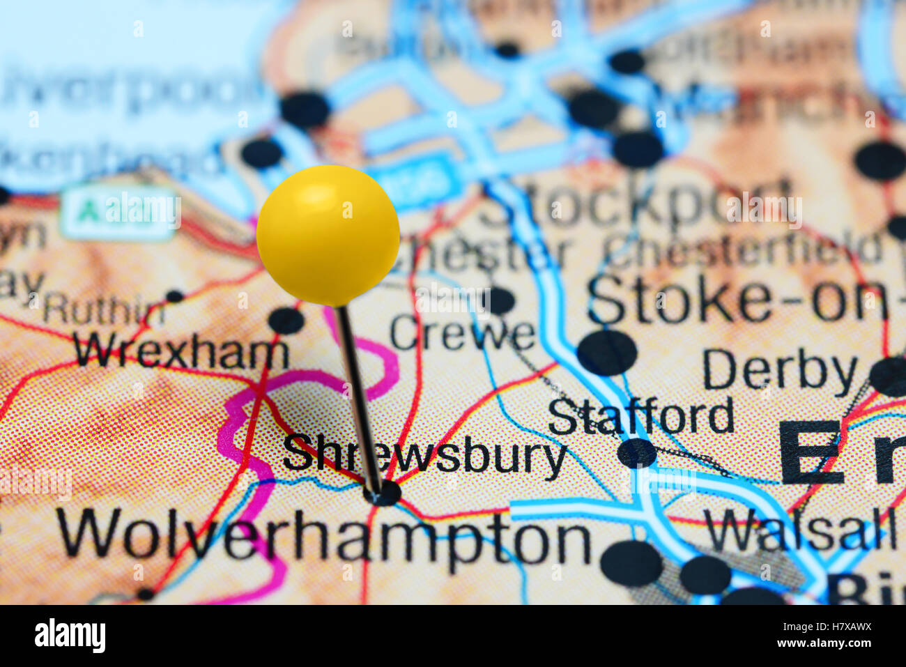 Shrewsbury pinned on a map of UK Stock Photo - Alamy