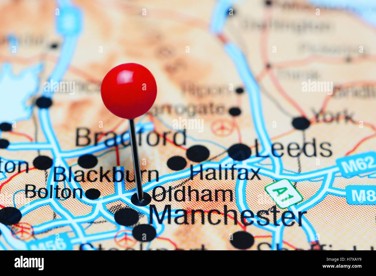 Oldham pinned on a map of UK Stock Photo - Alamy