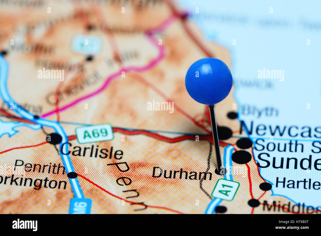 Durham pinned on a map of UK Stock Photo - Alamy
