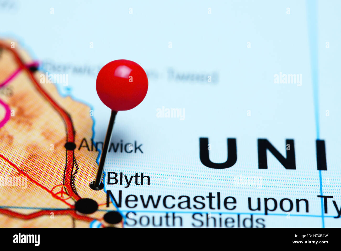 Blyth pinned on a map of UK Stock Photo - Alamy