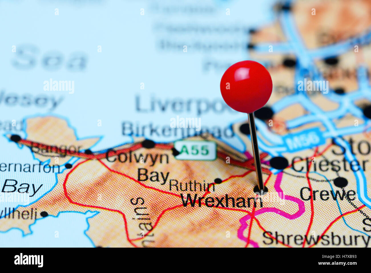 Wrexham pinned on a map of Wales Stock Photo - Alamy