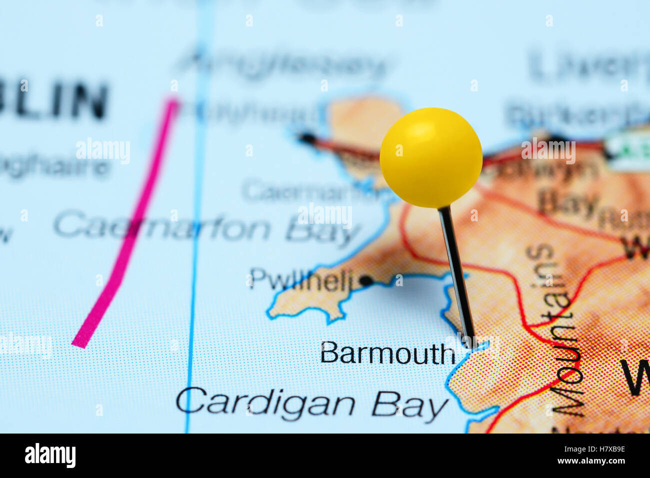 Barmouth pinned on a map of Wales Stock Photo - Alamy
