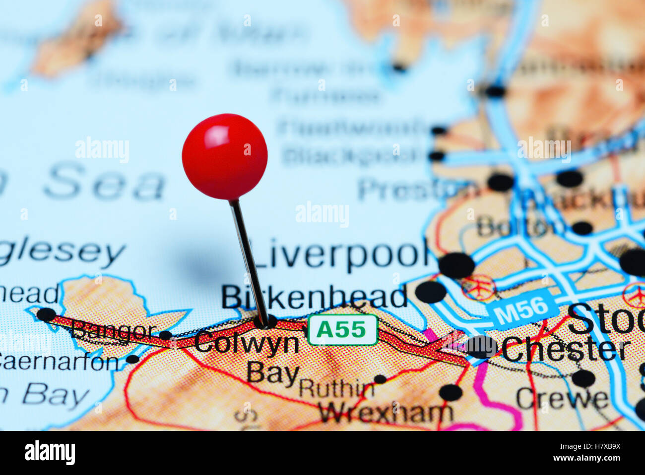 Colwyn Bay pinned on a map of Wales Stock Photo - Alamy