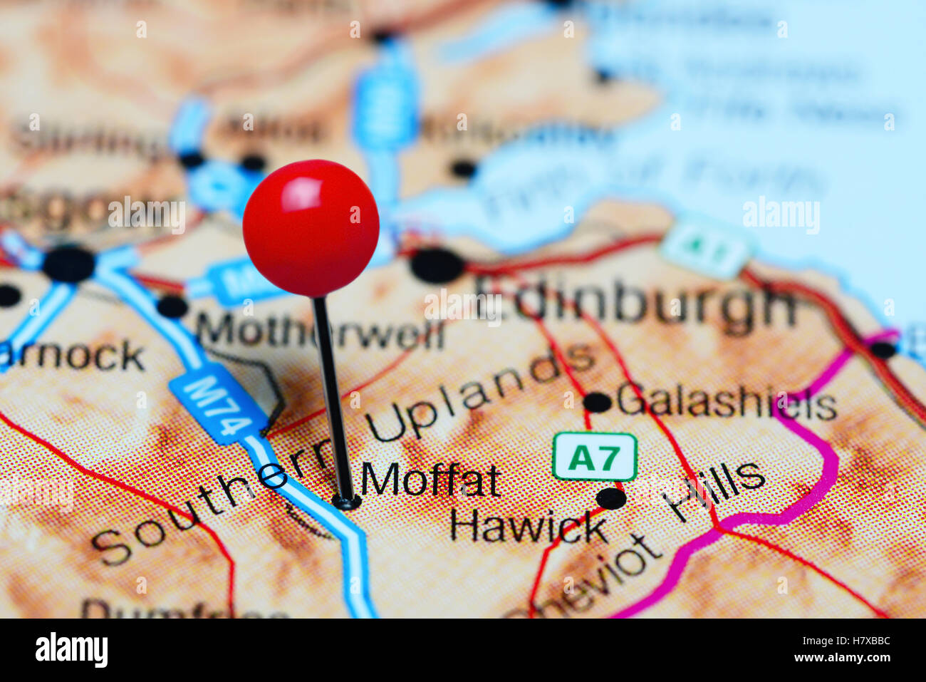 Moffat pinned on a map of Scotland Stock Photo - Alamy
