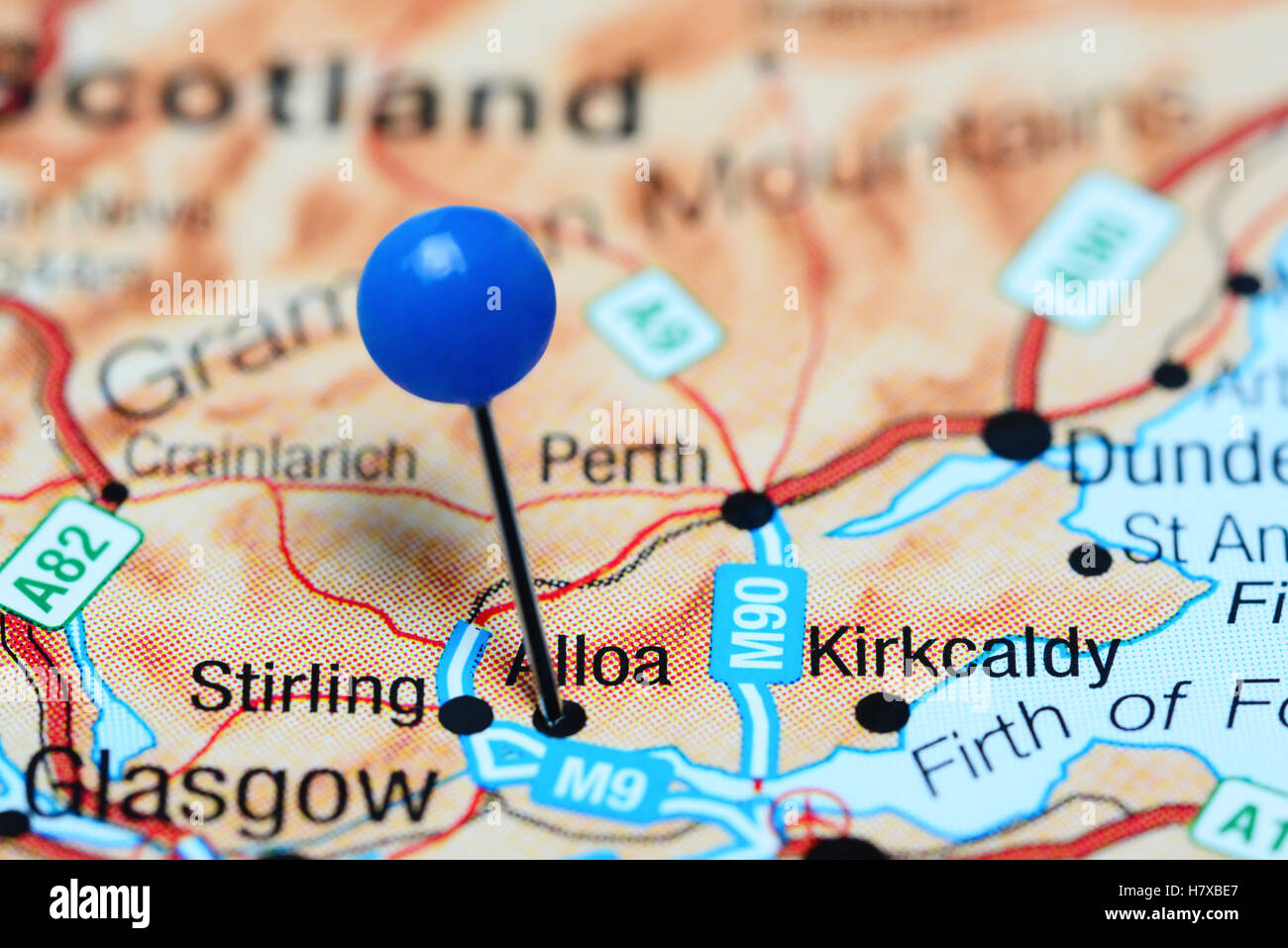 Alloa pinned on a map of Scotland Stock Photo - Alamy